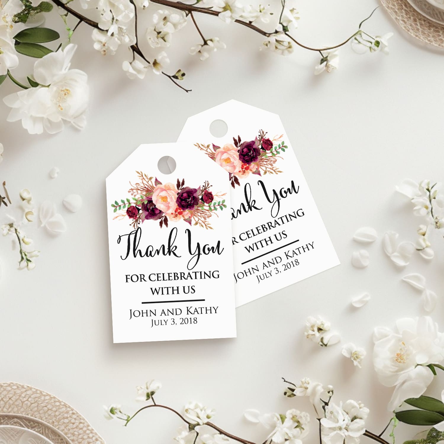 Burgundy Floral Favor Tags - Personalized Custom Thank You Tags