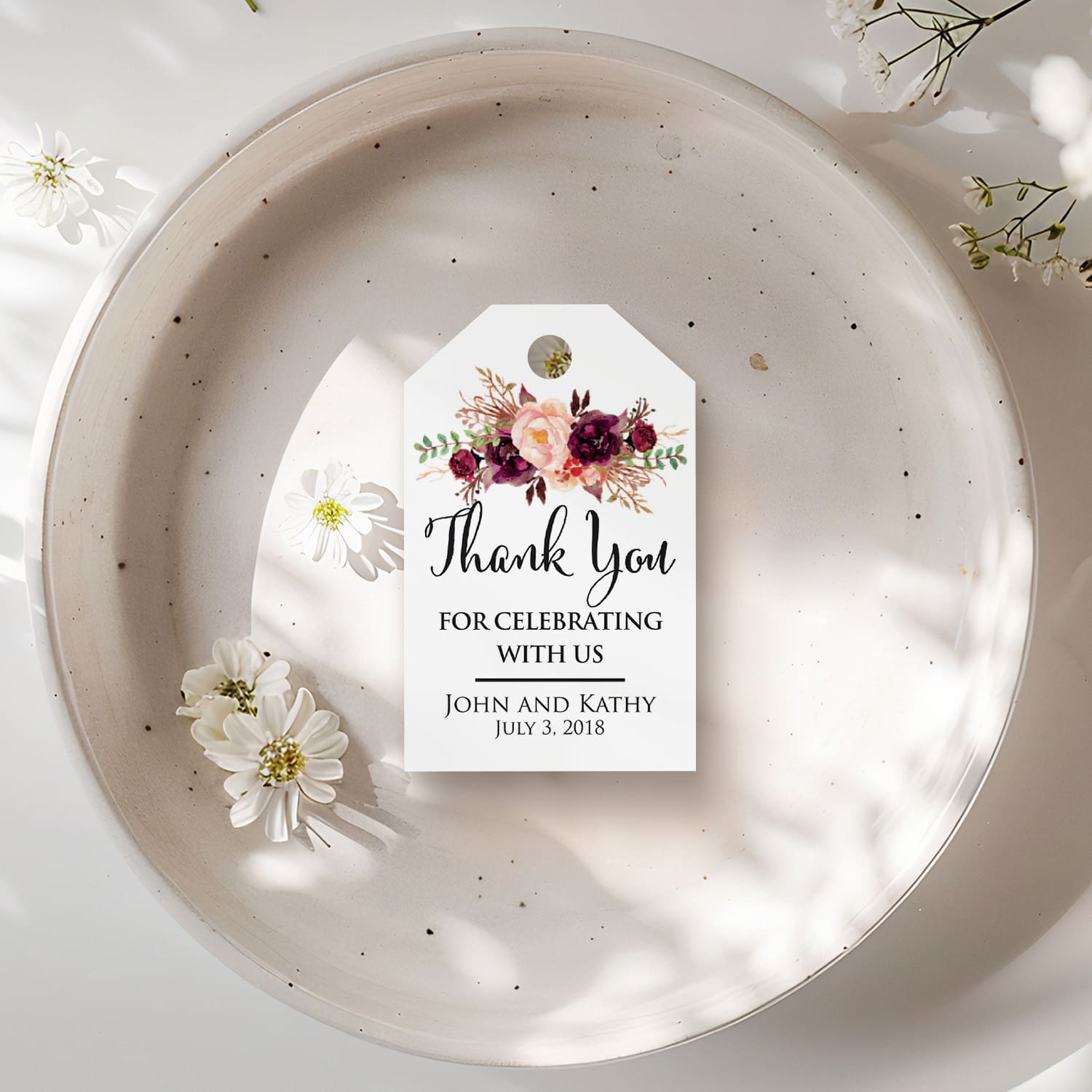 Burgundy Floral Favor Tags - Personalized Custom Thank You Tags